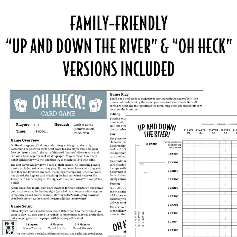 Printable Oh Hell! Games Rules & Score Sheet - Elevator, Bust, up and ...