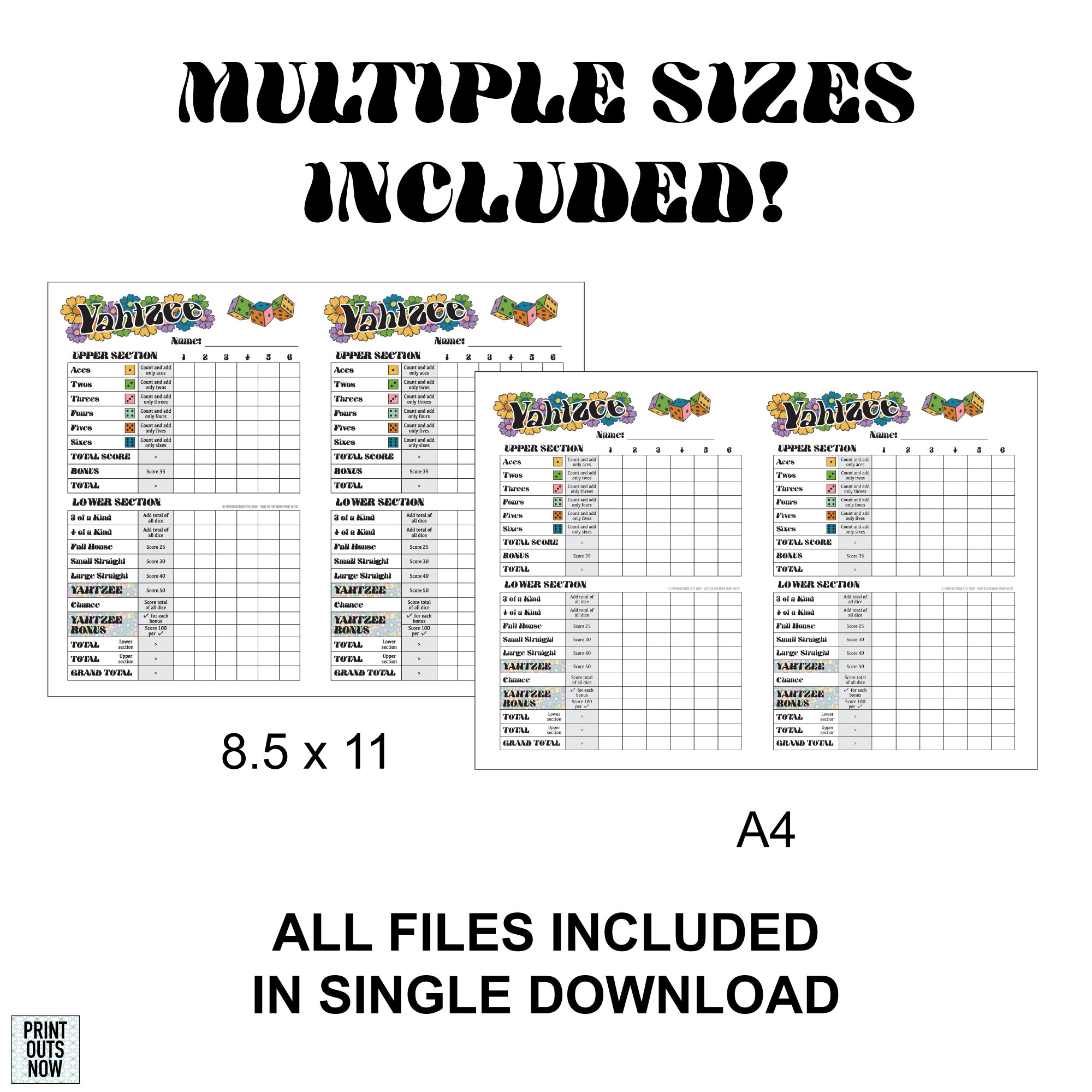 Printable Yahtzee "flower Power" Score Sheets - Fun Themed Scorecards ...