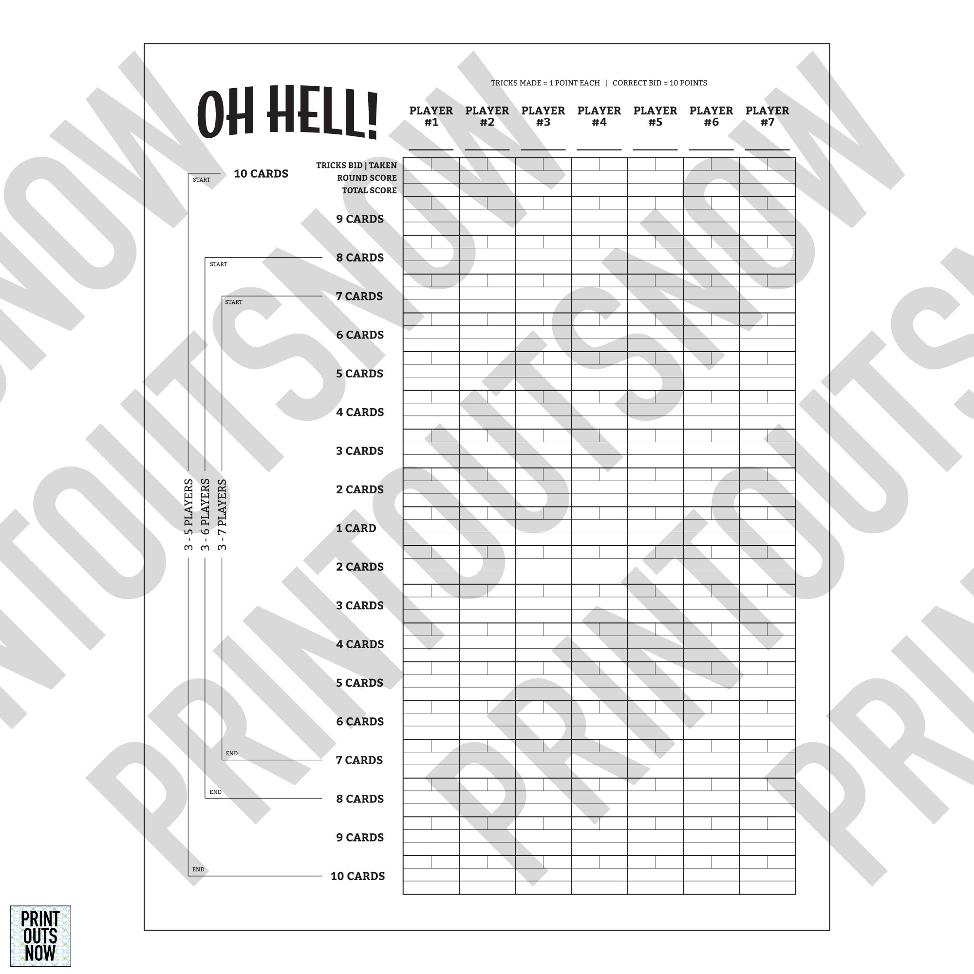Printable Oh Hell! Games Rules & Score Sheet - Elevator, Bust, up and Down the River, Etc. - Etsy