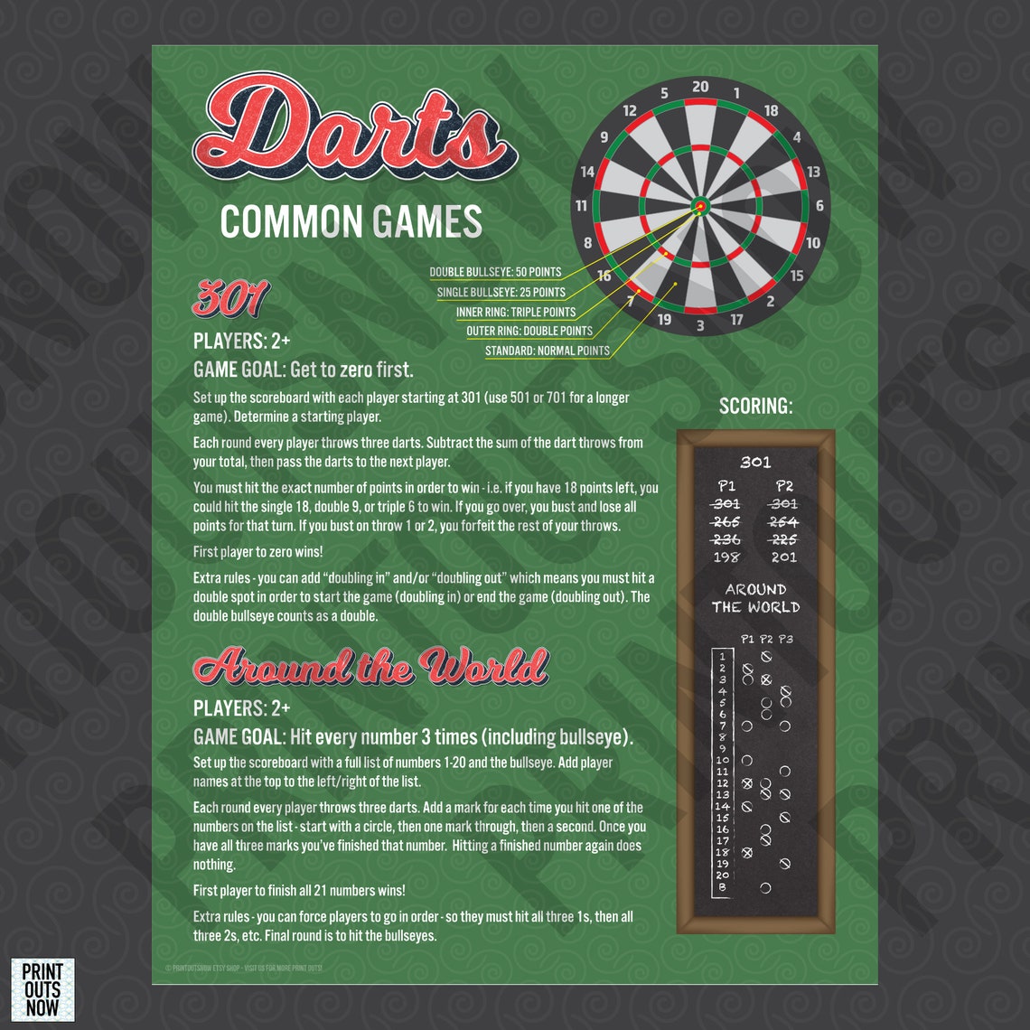 Printable Darts Common Game Rules - Ready to Hang, Frame, Etc! - Print ...