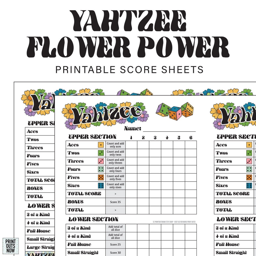 Printable Yahtzee "flower Power" Score Sheets - Fun Themed Scorecards ...