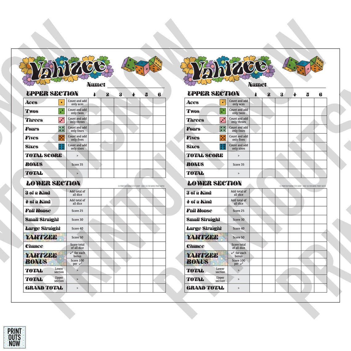 Printable Yahtzee "flower Power" Score Sheets - Fun Themed Scorecards ...