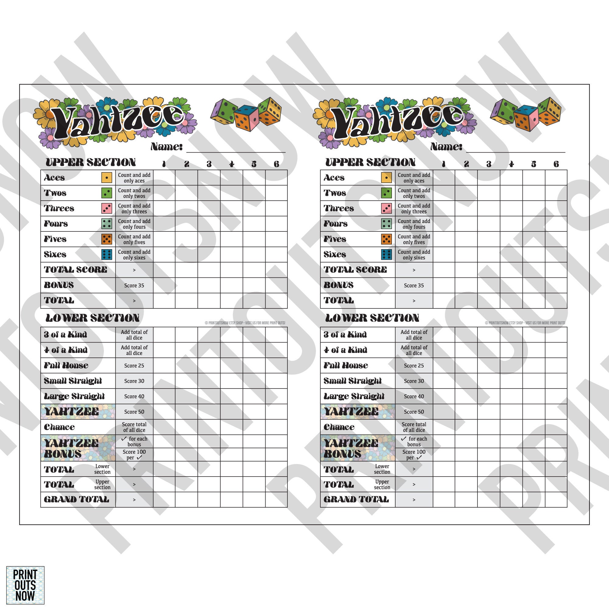 Printable Yahtzee "flower Power" Score Sheets - Fun Themed Scorecards ...