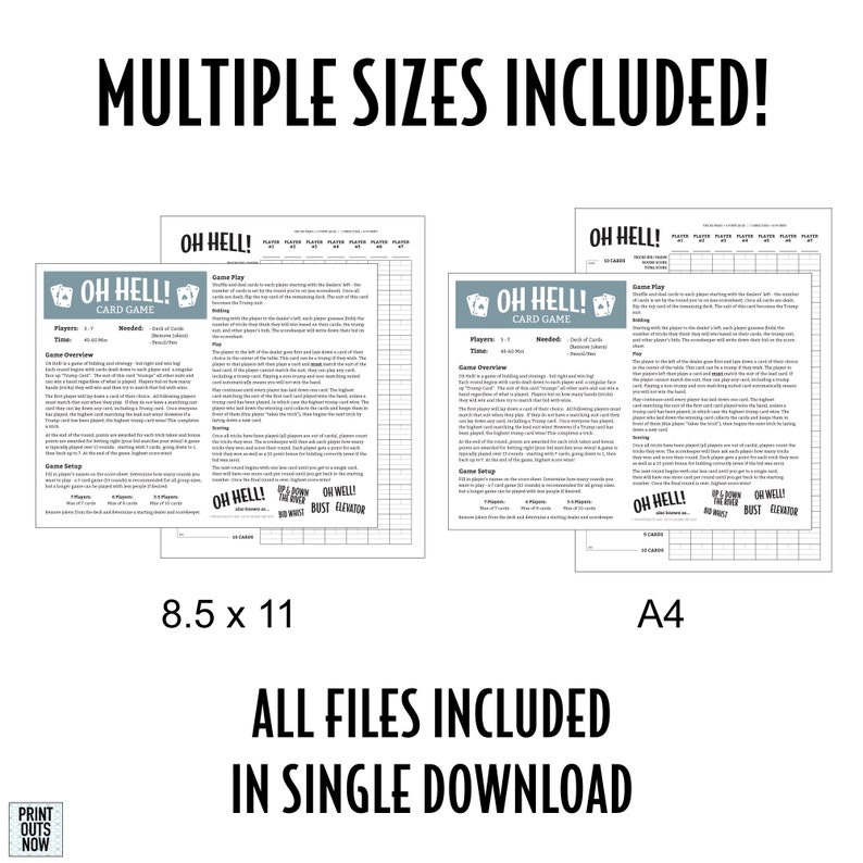 Printable Oh Hell! Games Rules & Score Sheet - Elevator, Bust, up and ...