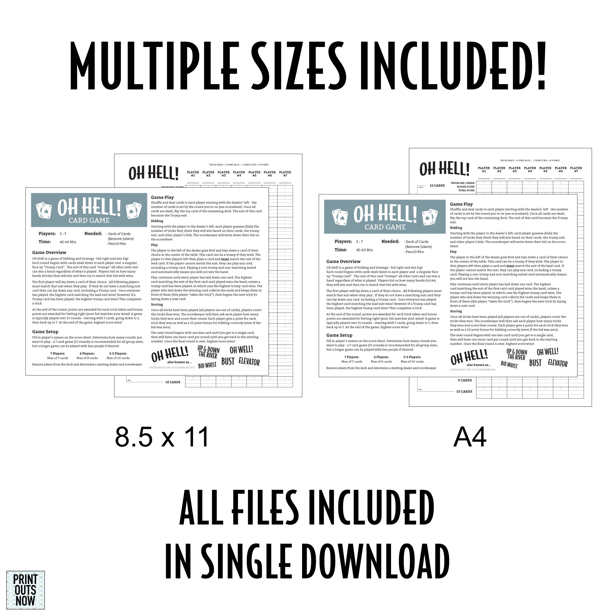 Printable Oh Hell! Games Rules & Score Sheet - Elevator, Bust, up and Down the River, Etc. - Etsy
