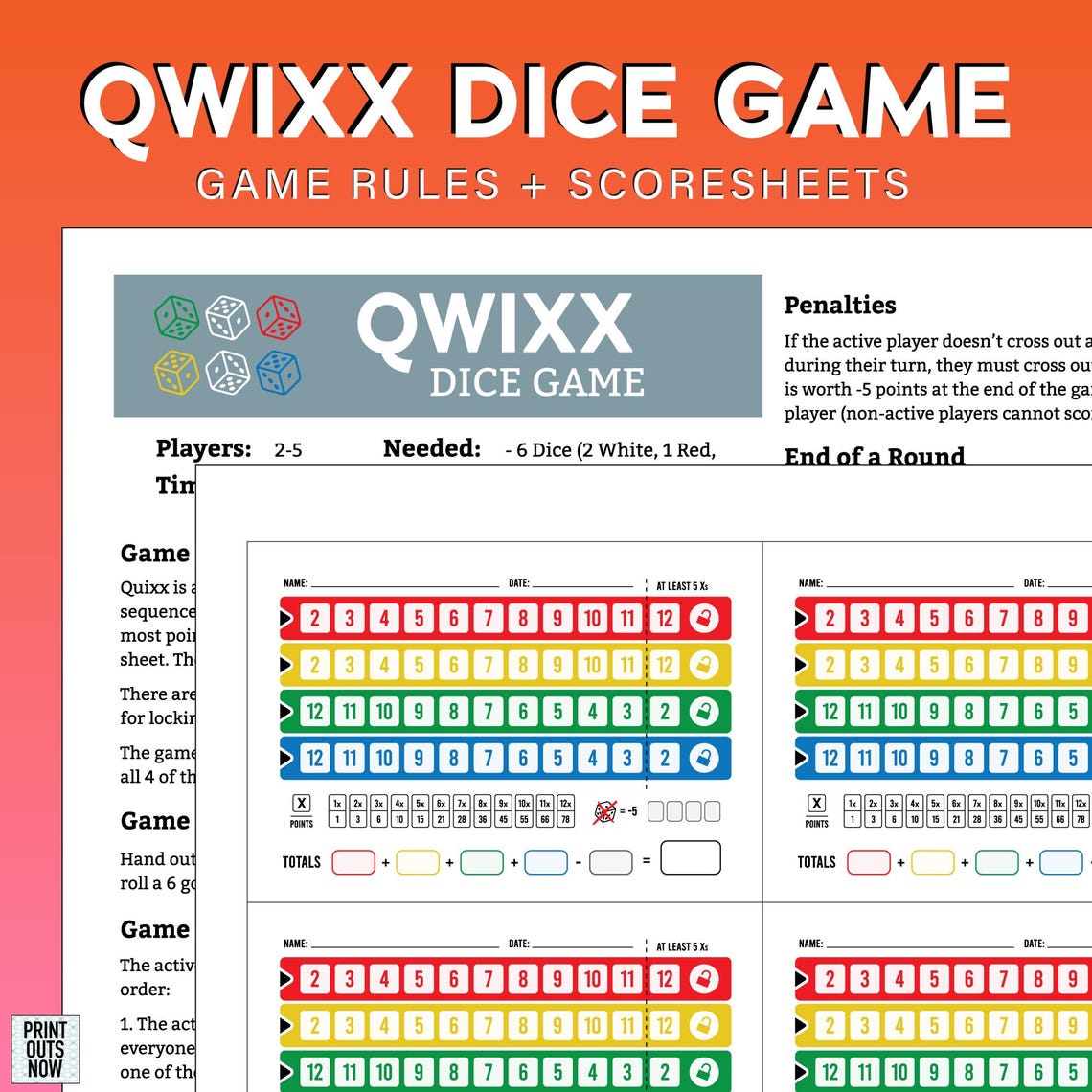 Printable QUIXX Dice Game Rules & Scoresheet - Instant Download Files ...