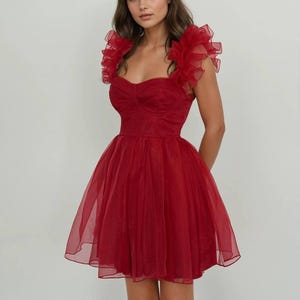 Red Tulle Mini Dress: Ruffle Sleeves Sweetheart Party Dress - Etsy