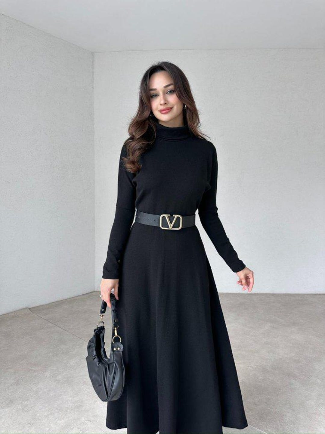 Black Modest Dress: Bat Sleeve Turtleneck Soft Midi Elegant Attire - Etsy