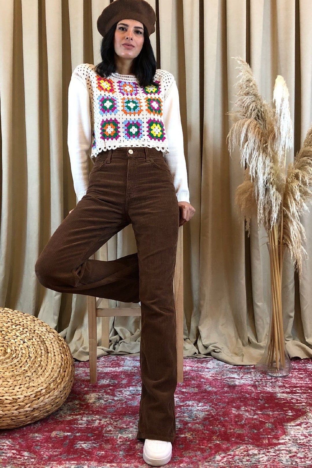 Brown Corduroy Trousers, Flare Corduroy Pants, Women Vintage Style ...