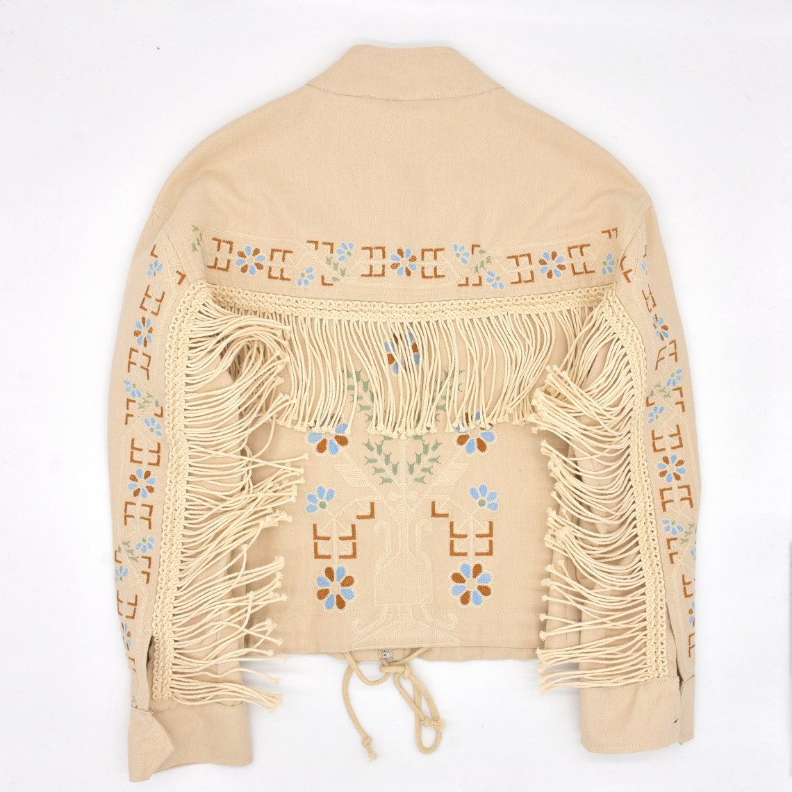 Embroidered Beige Denim Jacket Western Style Fringe Jacket - Etsy