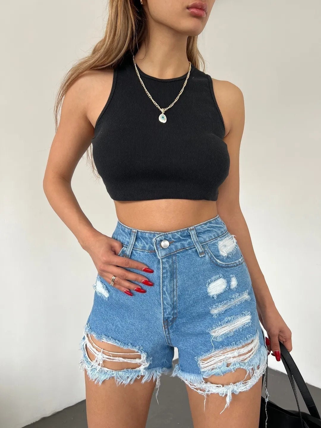 Washed Laser Ripped Mini Denim Shorts | Blue Distressed Denim Shorts ...
