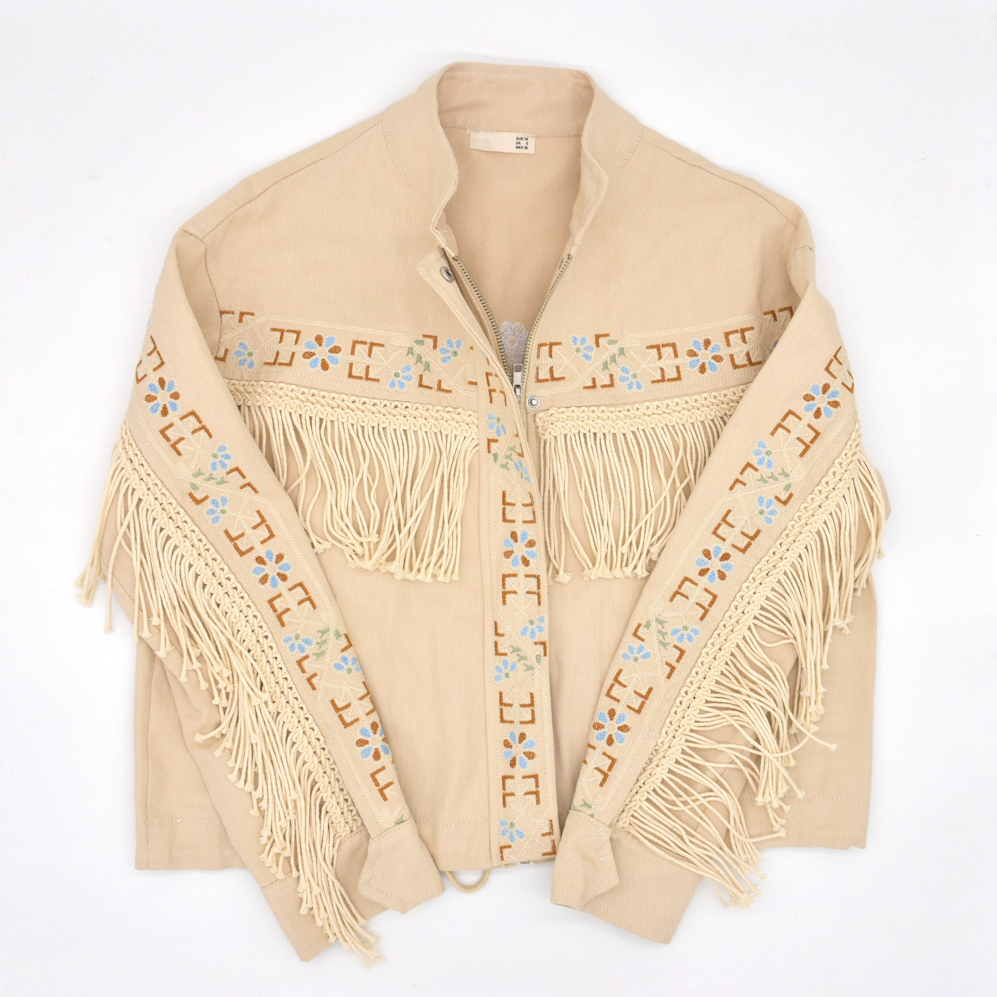 Embroidered Beige Denim Jacket, Western Style Fringe Jacket for Her ...