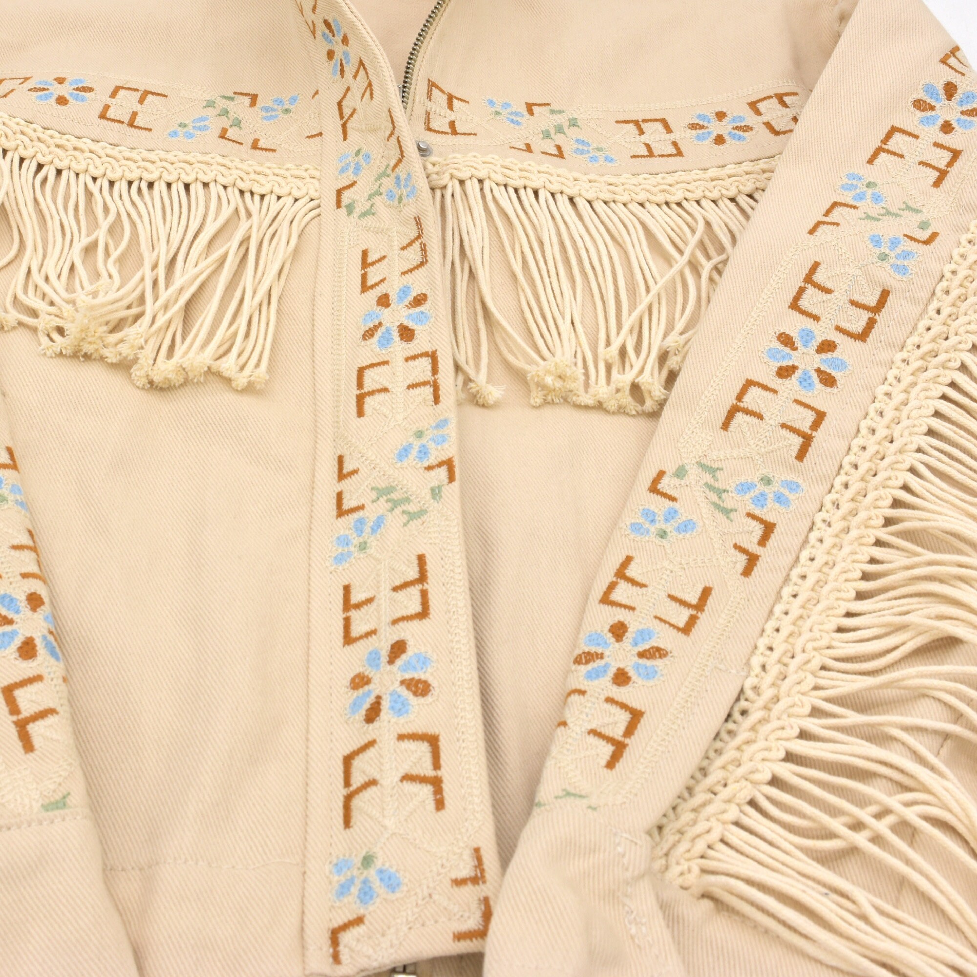 Embroidered Beige Denim Jacket, Western Style Fringe Jacket for Her ...
