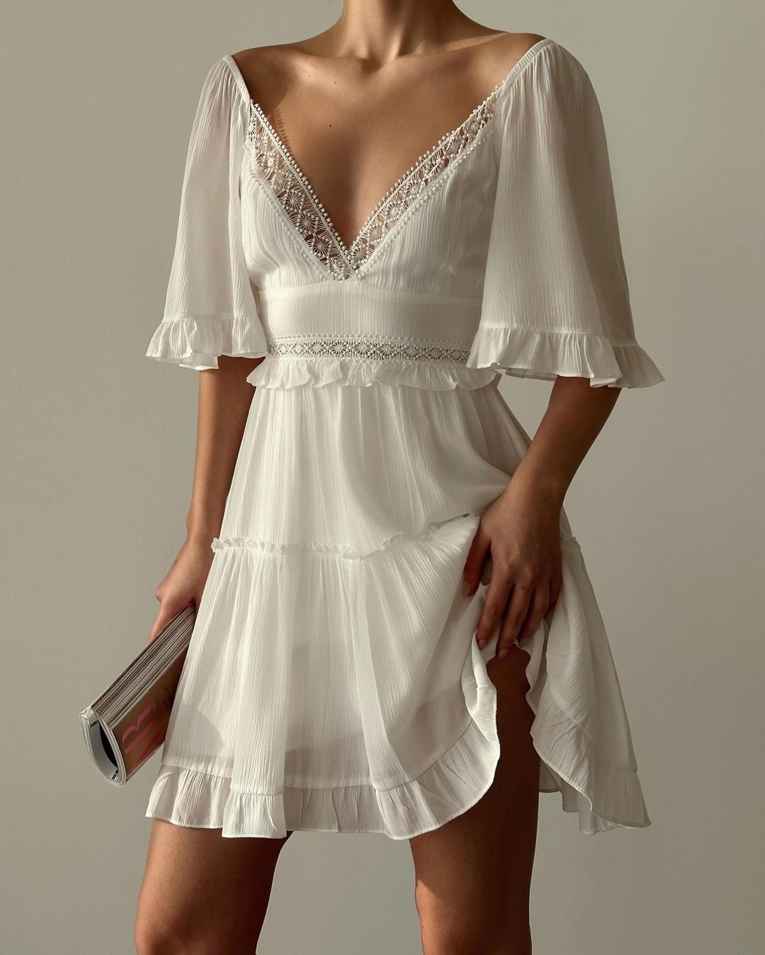V-neck Ruffle Mini Dress, Short Sleeve White Summer Gown, Bohemian ...