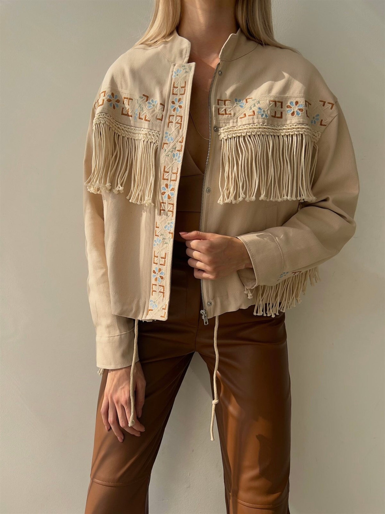 Embroidered Beige Denim Jacket, Western Style Fringe Jacket for Her ...