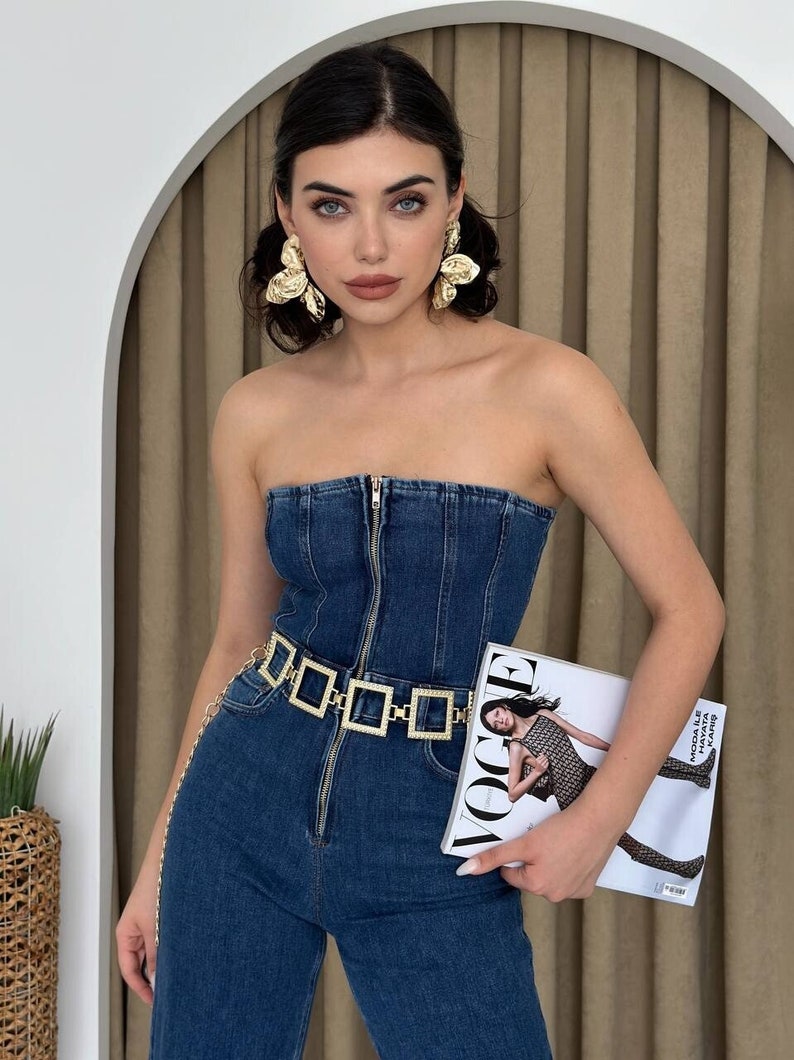 Strapless Denim Jumpsuit, off Shoulder Slim Fit Flared Jeans Jumpsuits ...
