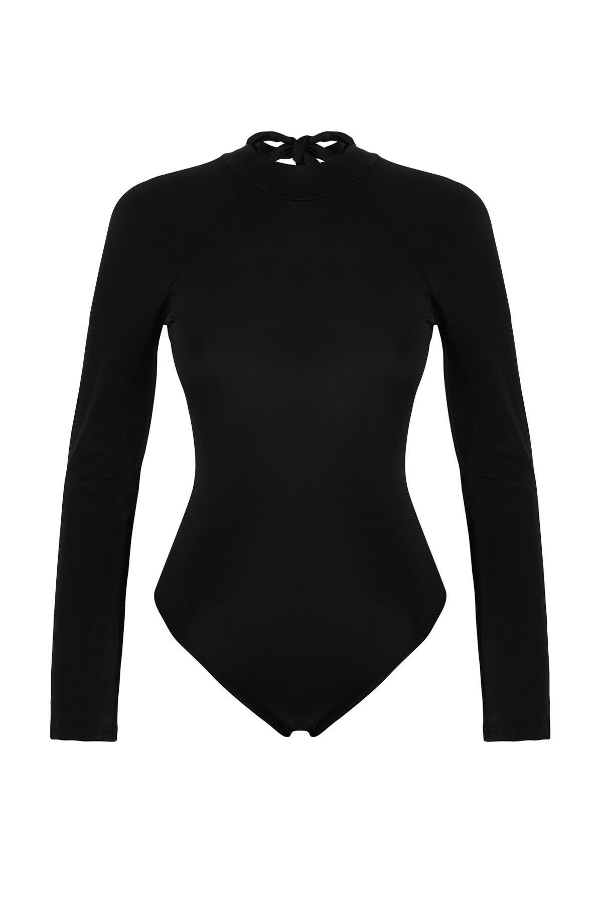 Backless Long Sleeve Surfer Swimsuit - Black Bathing Suit - Chic and ...
