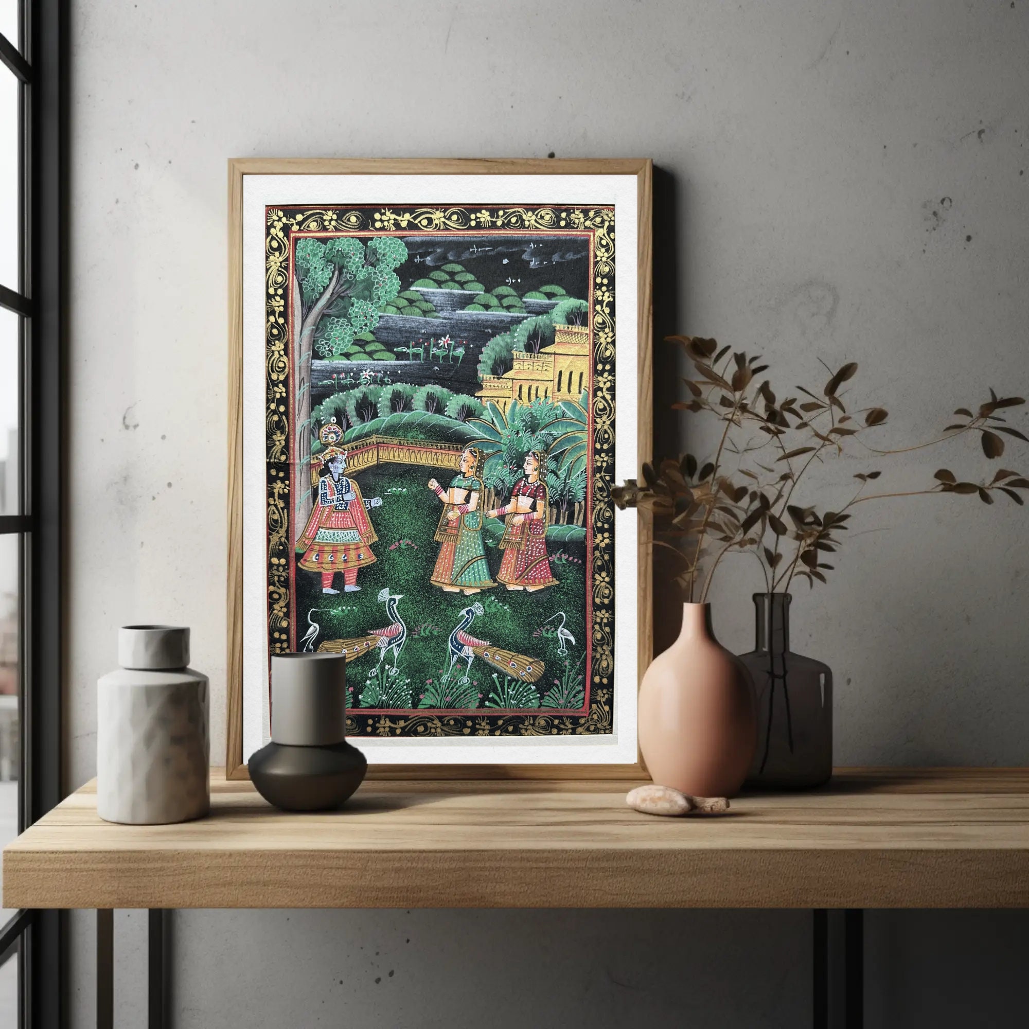 Original Ethnic Rajasthani Painting of Indian God Krishna Guarded With ...