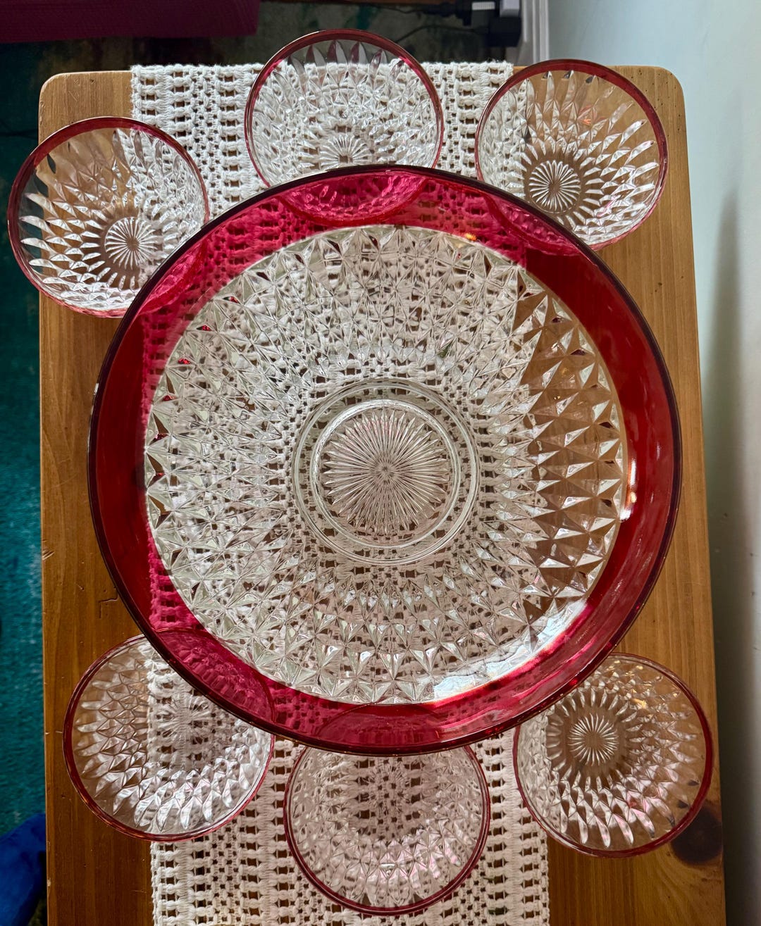 Vintage Indiana Glass Ruby Red Punch Bowl Set – Large Crystal Cut Bowl ...