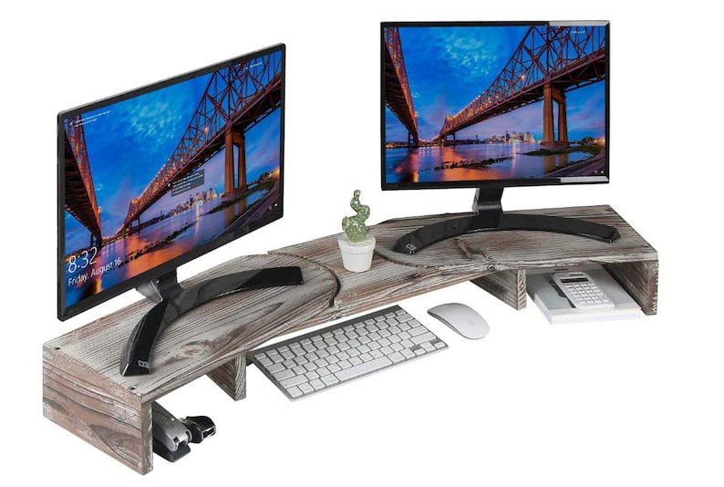 Monitor Stand Rustic Wood Dual Monitor Stand With Adjustable - Etsy