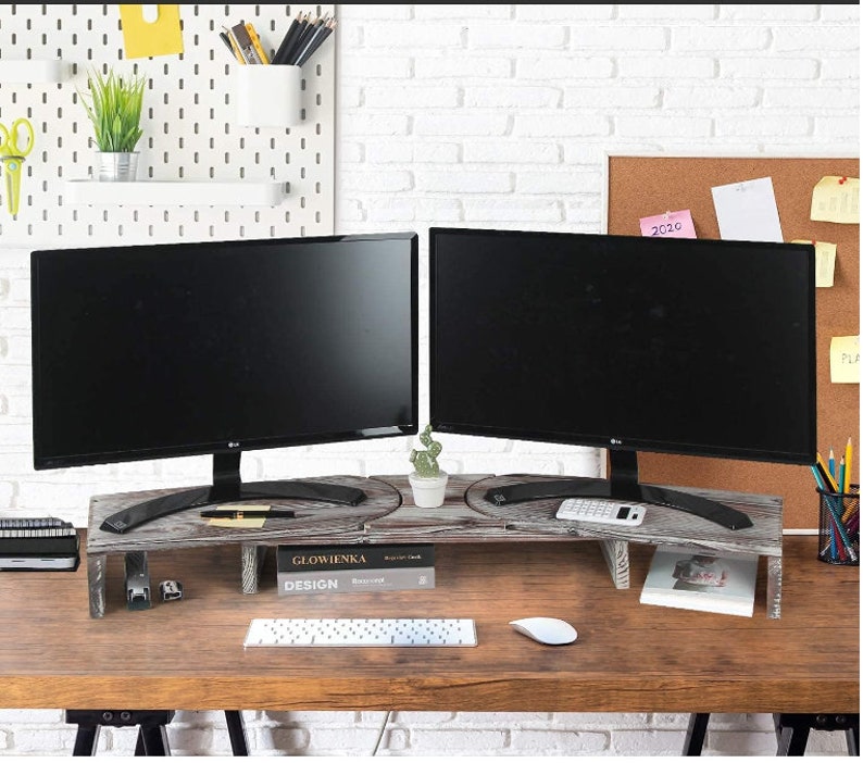 Monitor Stand Rustic Wood Dual Monitor Stand With Adjustable - Etsy