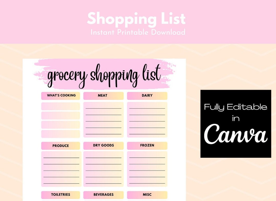 Canva Editable Printable Shopping List Instant Download Pink - Etsy