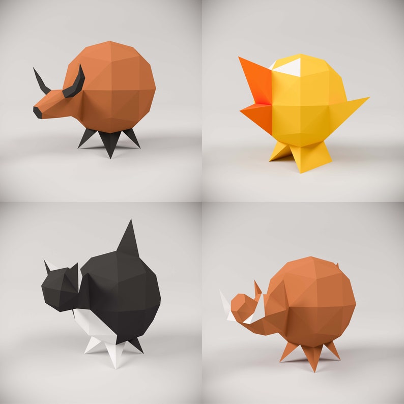 Set of 13 Funny Animals Paper Craft, Low Poly Zoo. 3D Paper Toys ...