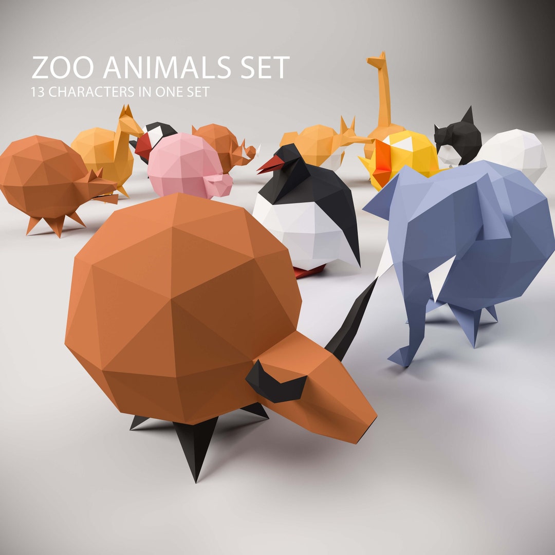 Set of 13 Funny Animals Paper Craft, Low Poly Zoo. 3D Paper Toys ...