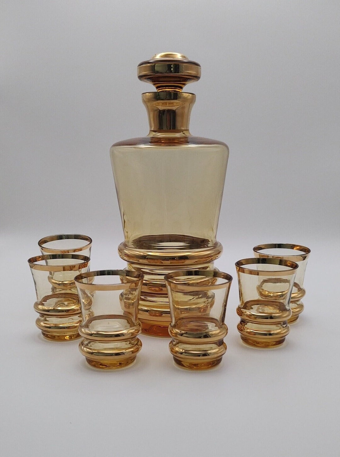VINTAGE Amber Glass Decanter Set Six Glasses With Gold Accents - Round ...
