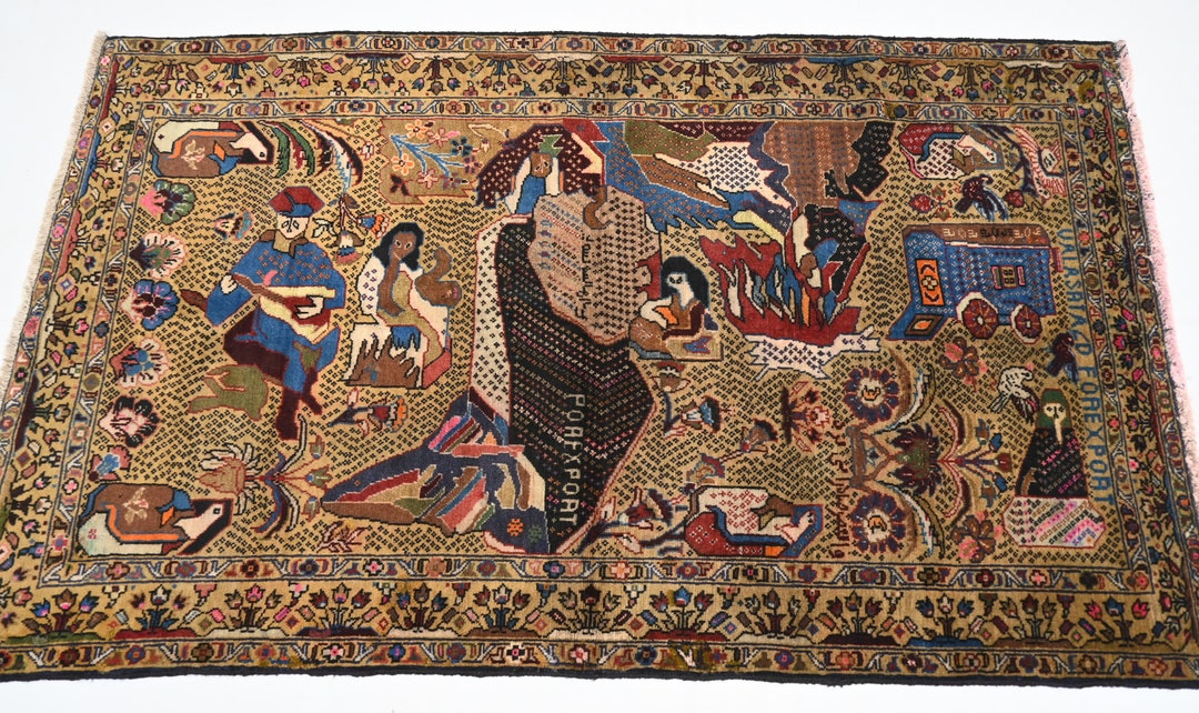 1970s Antique Pictorial Rug/ One of a Kind Art Rug/ 3x5 Girls Singing ...