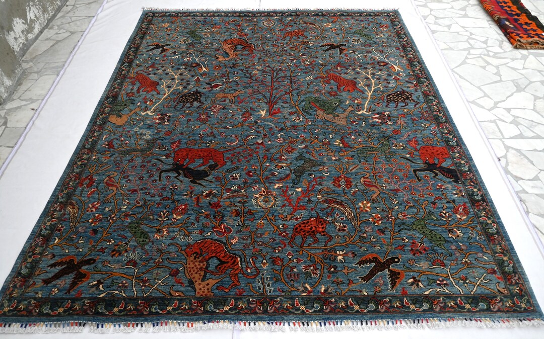 8x10 Ft Hunting Scene Pictorial Rug Afghan Hand Knotted Wool Blue Rug ...