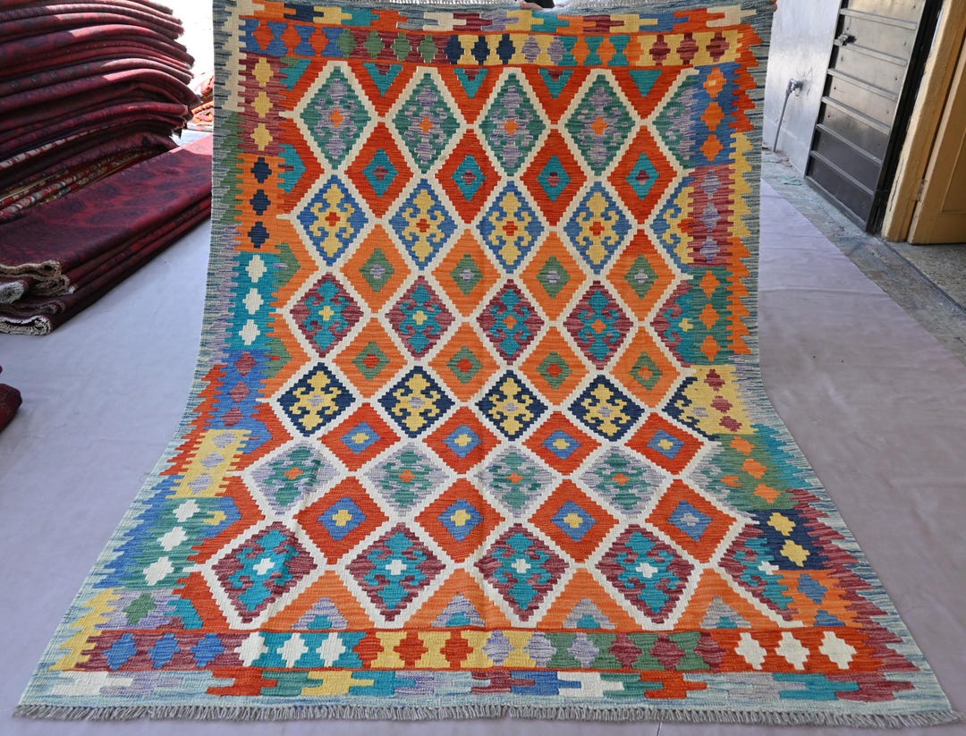 Geometric Afghan Chobi Design Kilim Rug, 6 X 8 Ft Handmade Veg Dyes ...