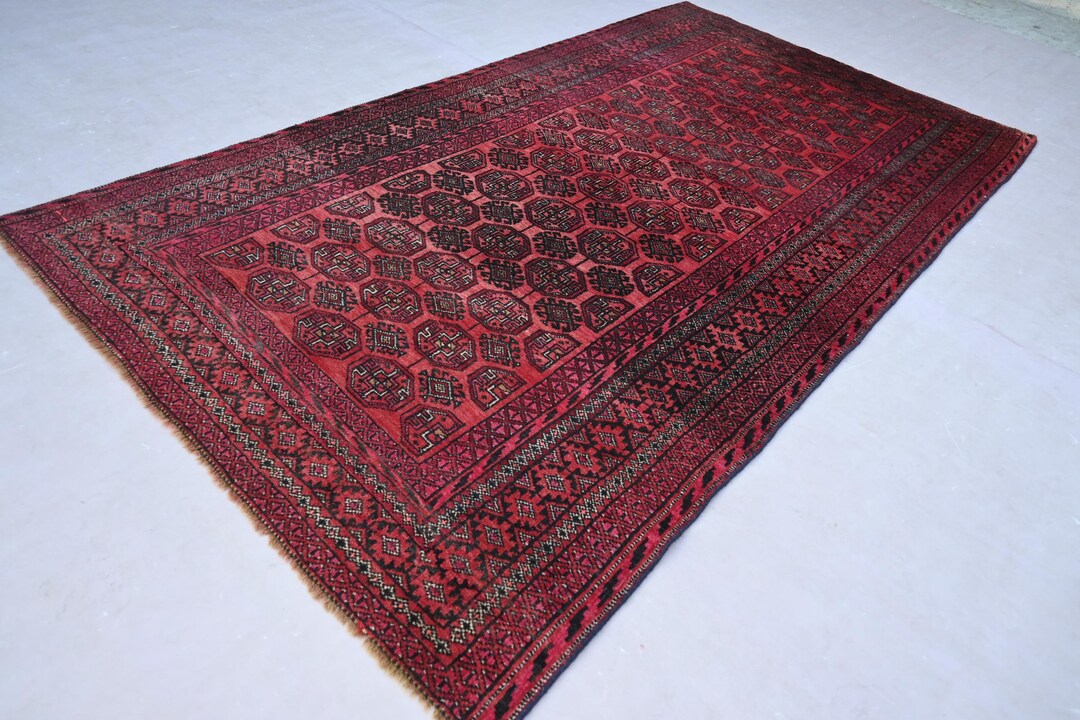Vintage Red Turkmen Mowri Bukhara Design Rug, 4.1 X 7.4 Ft Handmade ...