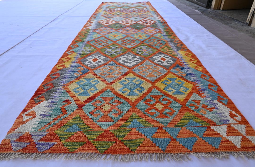 Orange Afghan Chobi Design Kilim Runner Rug, 3x10 Ft Handmade Natural ...