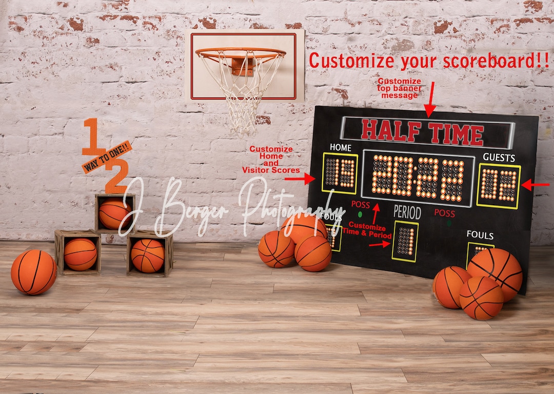 Customizable Basketball Birthday Backdrop, Half Time Scoreboard ...