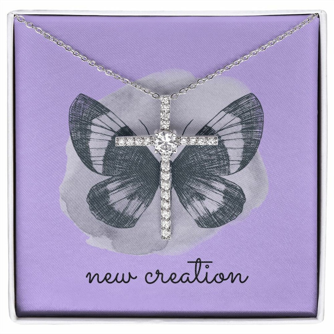 New Creation Diamond Cross Necklace Butterfly Born Again Saved CZ Bling ...