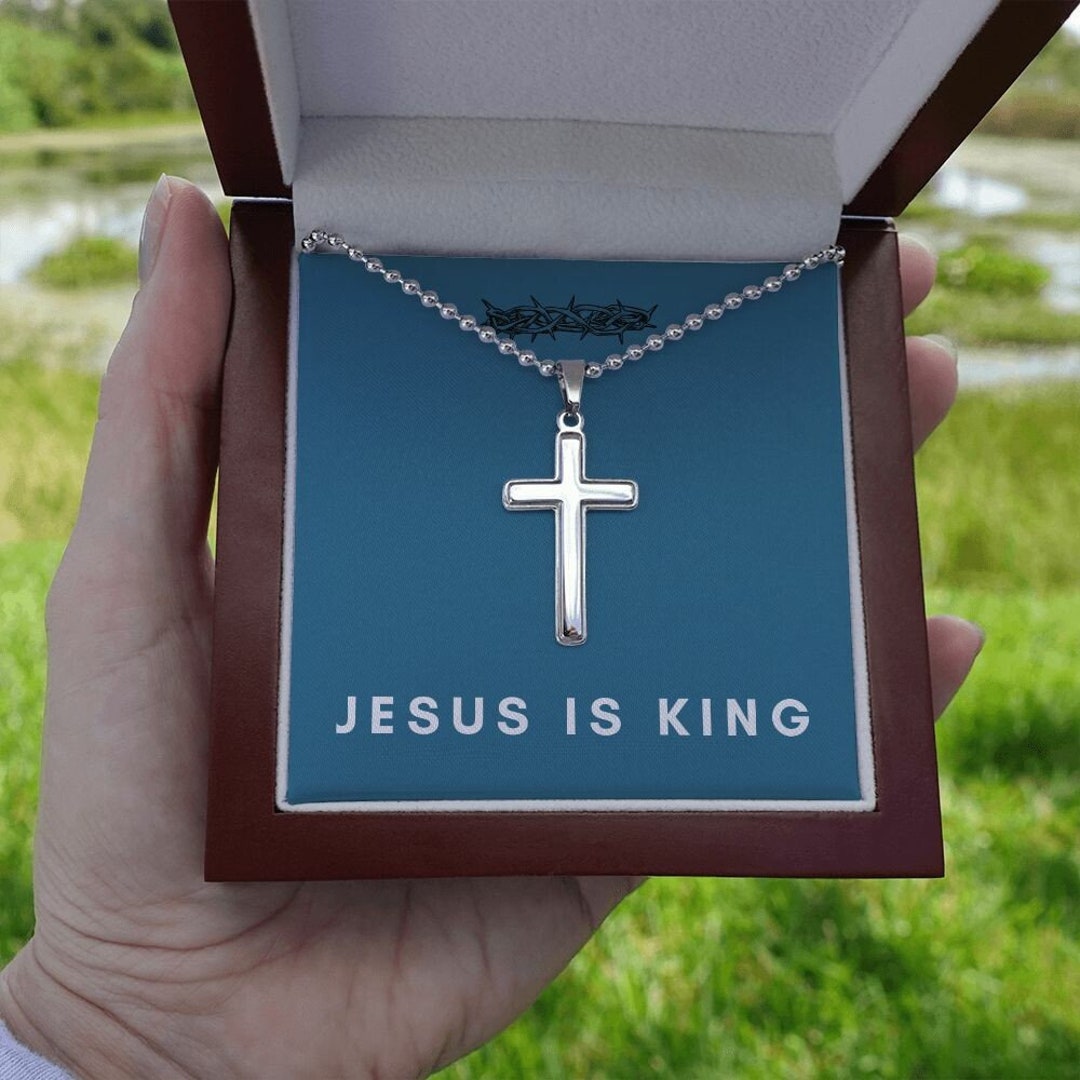 Jesus is King Cross Necklace Crown of Thorns Stainless Steel Christian ...