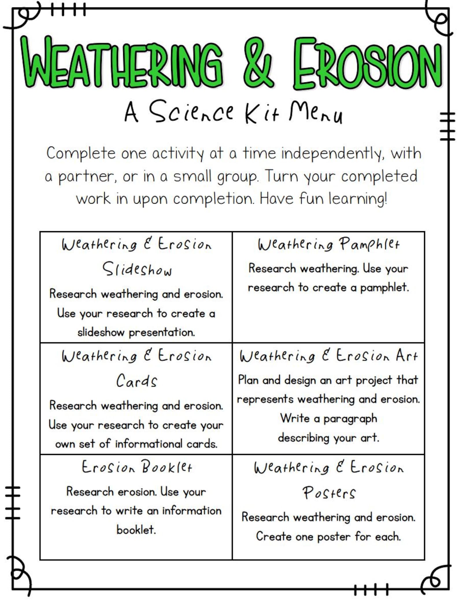 Weathering and Erosion Choice Board Activities - Etsy
