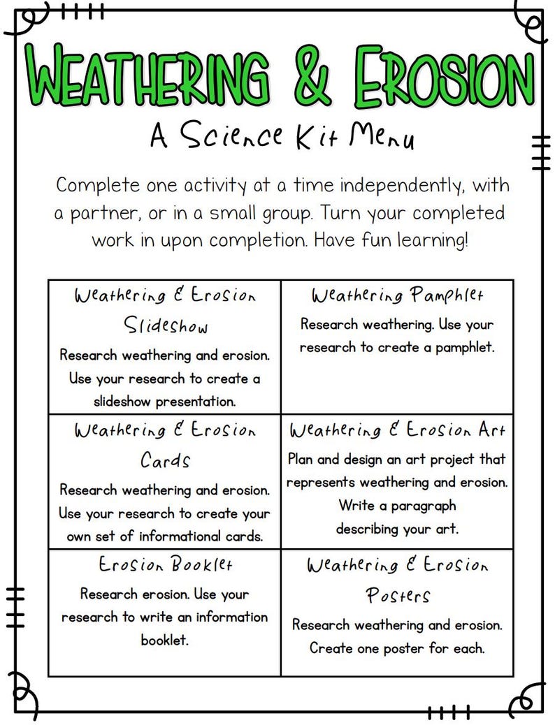Weathering and Erosion Choice Board Activities - Etsy