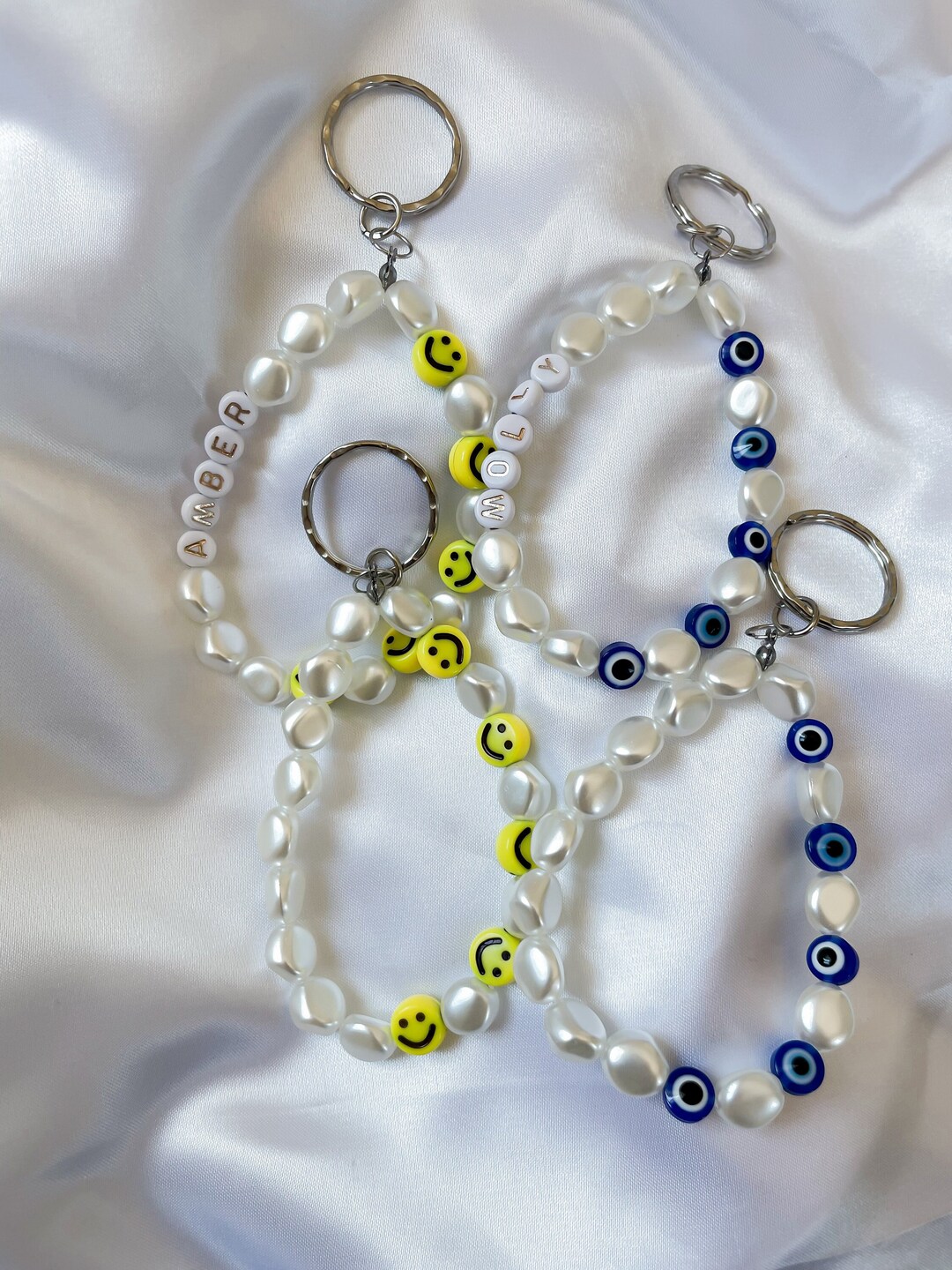 Smiley Face and Evil Eye Pearl Keyring Pearl Keychain Greek Evil Eye ...