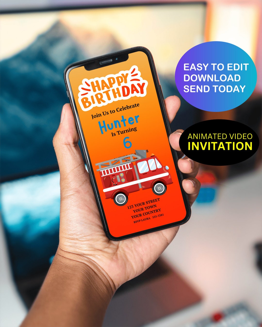 Digital Video Invitation Birthday Party Invitation Firetruck Animated ...