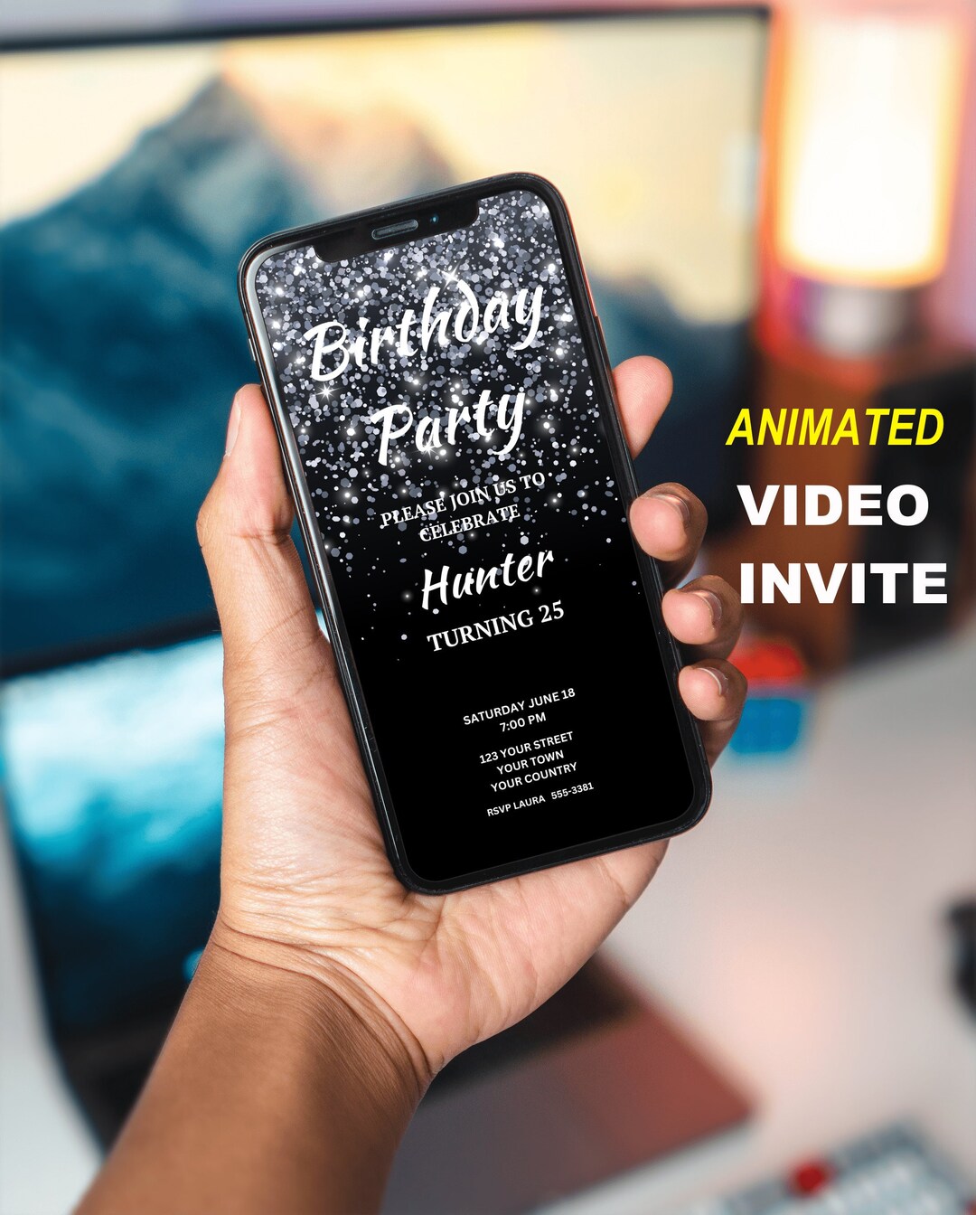 Digital Video Invitation Animated Black With Sparkles Birthday | Easy ...