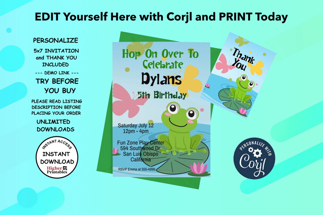 Editable Birthday Invitation Cute Frog Party With Thank You - Etsy