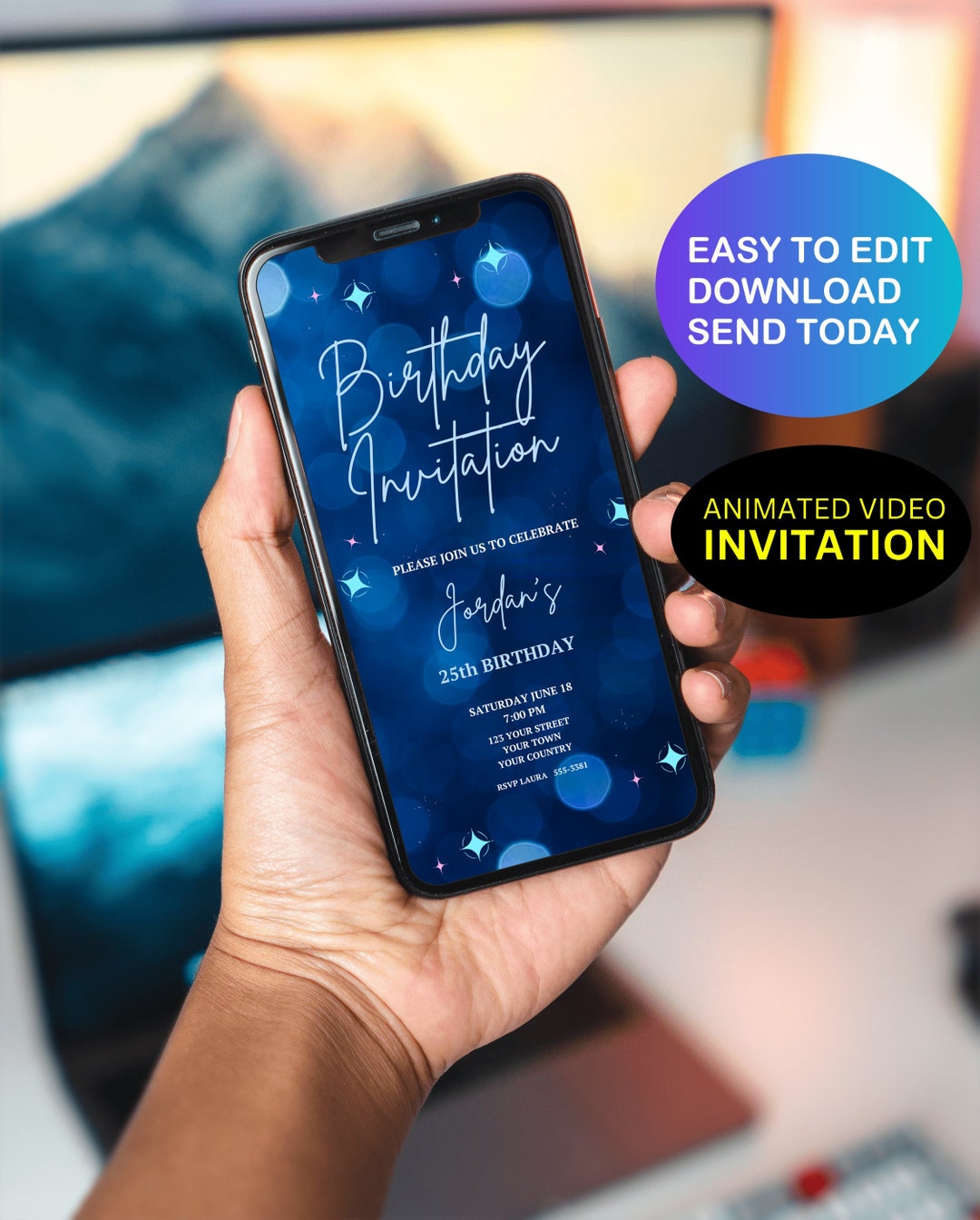 Digital Video Invitation Birthday Party Invitation Blue Sparkles Space ...