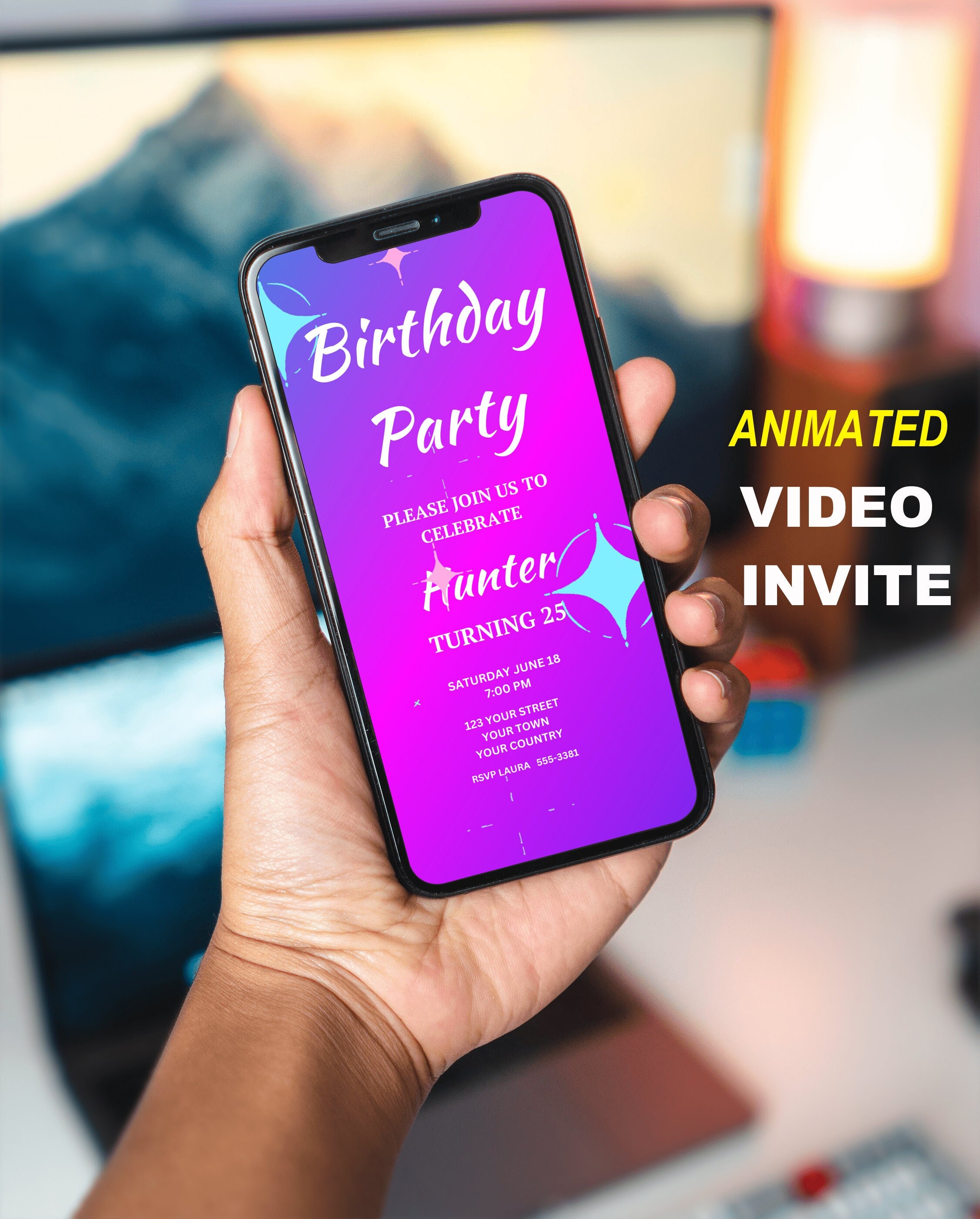 Digital Video Invitation Pink Gradient Flashing Stars Birthday | Easy ...