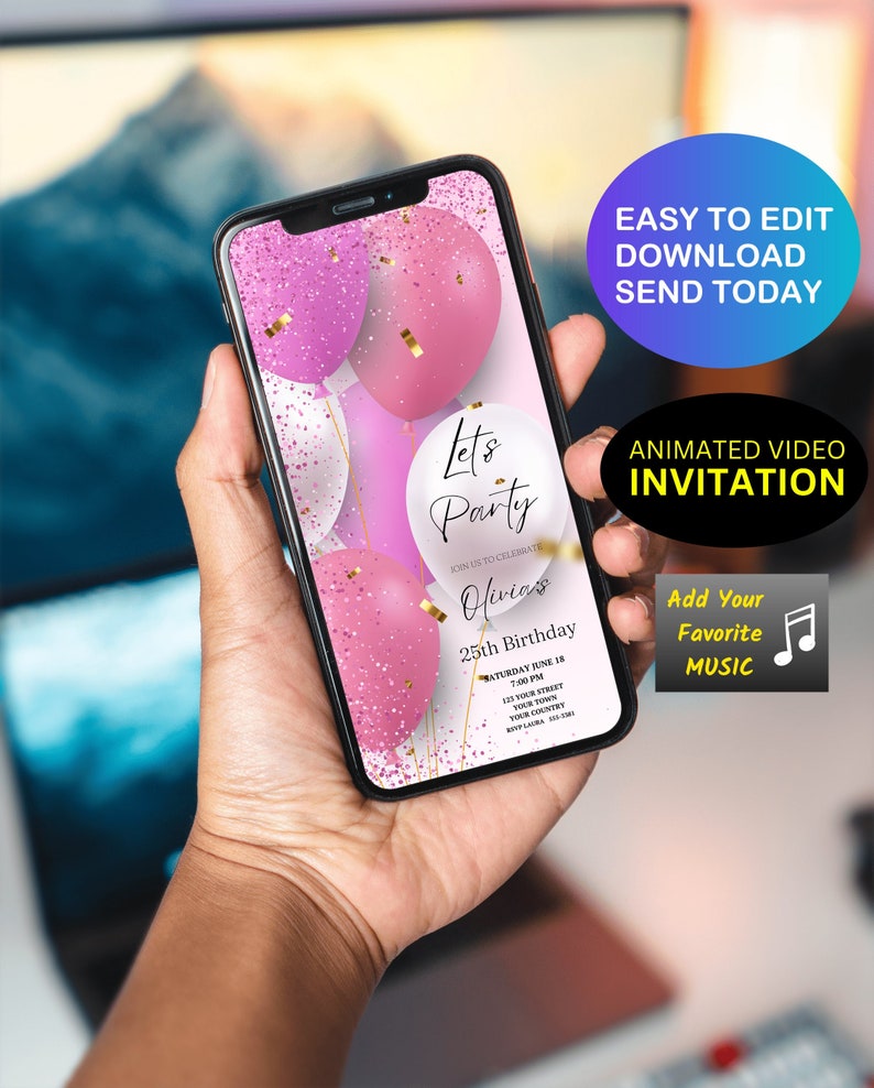 Digital Video Invitation Birthday Party Invitation Pink Balloons ...