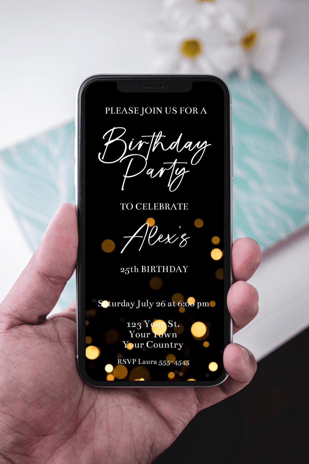 Electronic Invitation Brown Sparkles Birthday Email Easy to Edit Phone ...