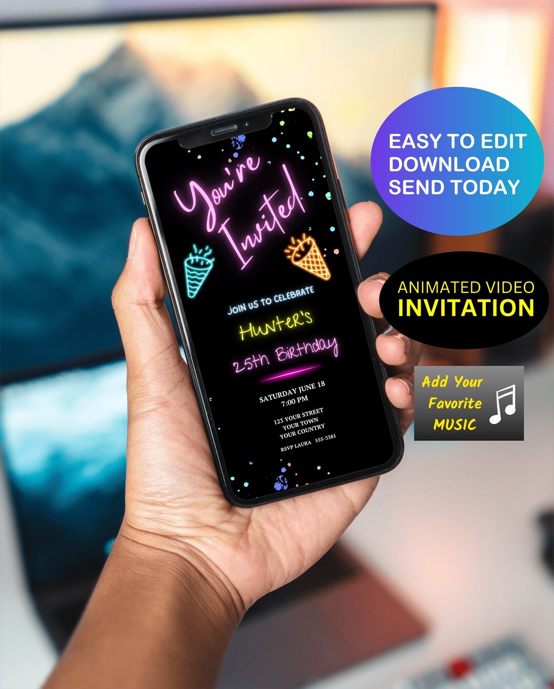 Digital Video Invitation Birthday Party Invitation Neon You're Invited ...