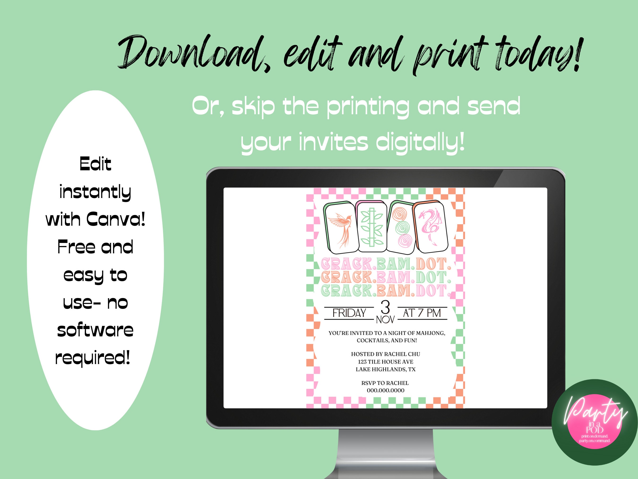 EDITABLE Colorful Pink and Green Mahjong Game Night Invitation - Etsy