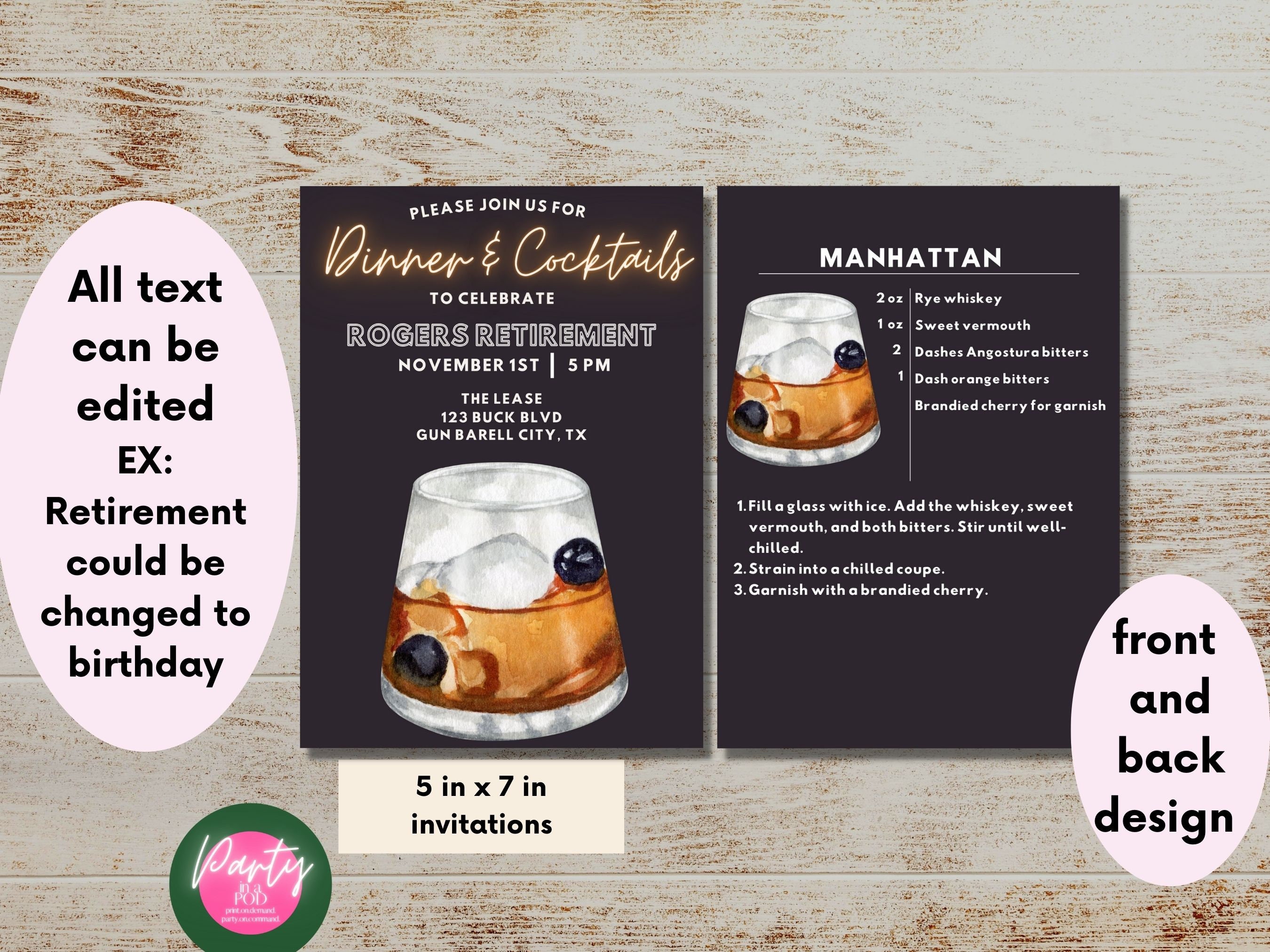 Manhattan Cocktail Party Invitation Template With Recipe (digital ...